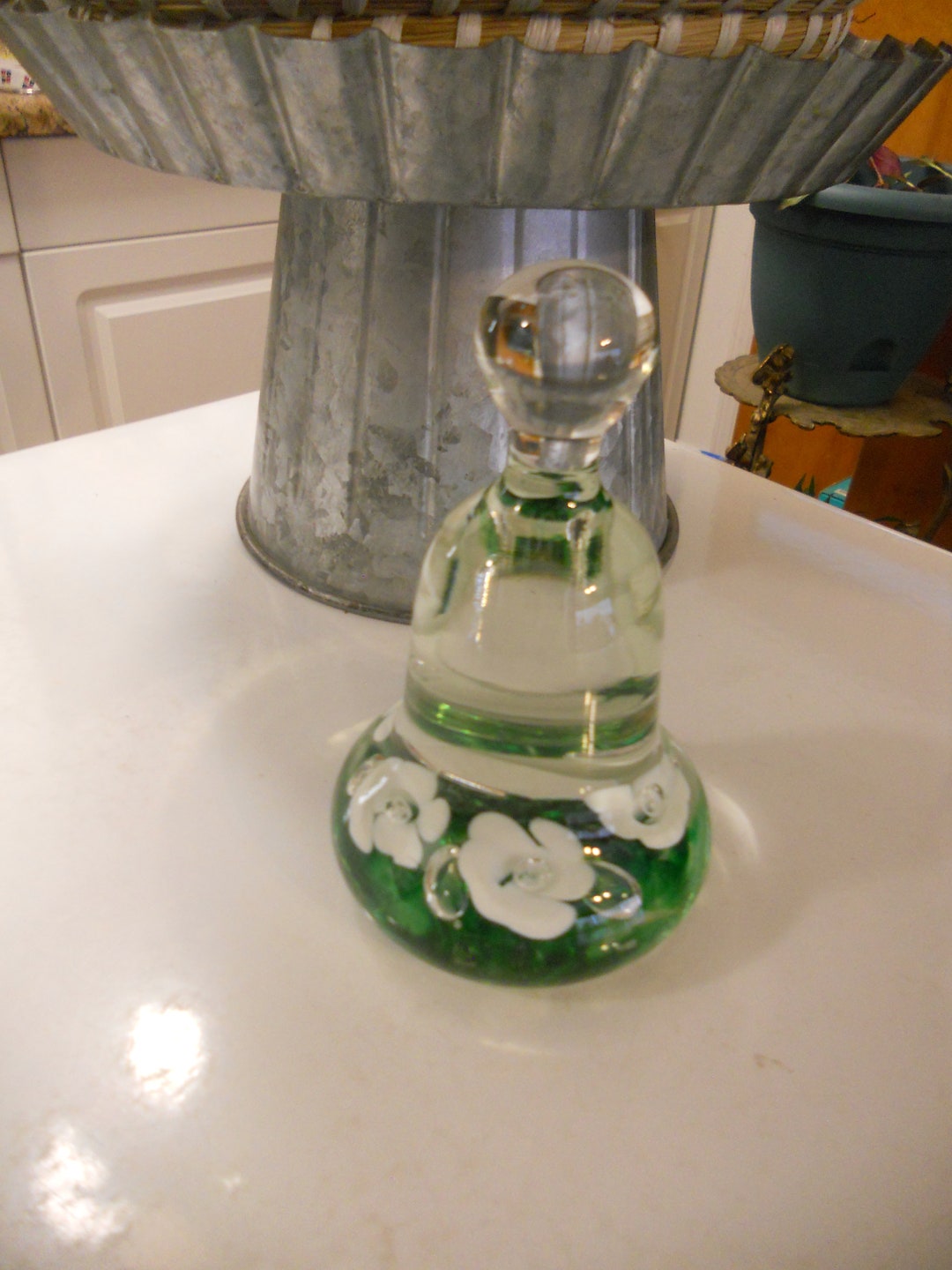 Glass Bell Shaped Paperweight Green Glass Bottom With White Flowers - Etsy