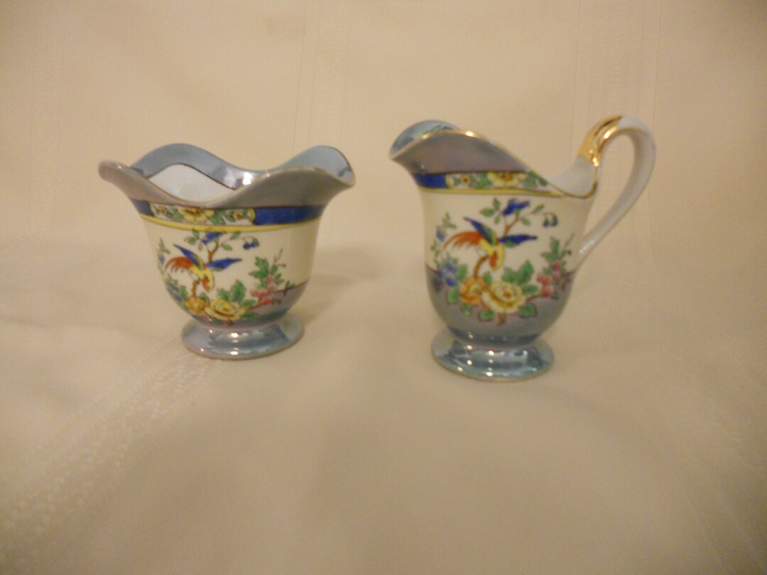 Vintage Noritake Hand Painted Lusterware Cream & Sugar Set Blue White ...