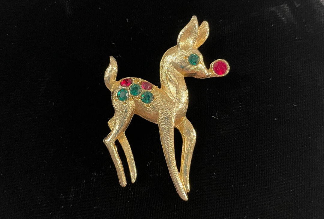 Vintage Christmas Rudolf the Red Nosed Reindeer Brooch Gold Tone and ...
