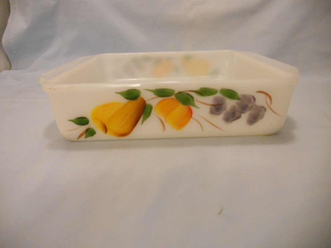 Vintage Fire King 8" Square Casserole Dish Fruit Pattern #452 White ...