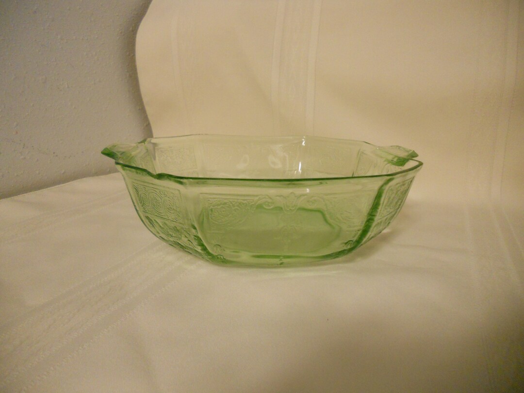 Green Depressoin Glass Octagon Shaped Double Handled Serving Bowl ...