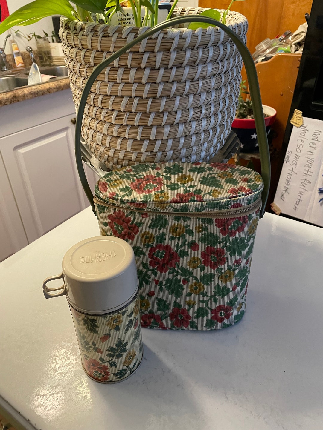 Floral Vinyl Lunch Bag Box With Matching Thermos Shoulder or Carry ...