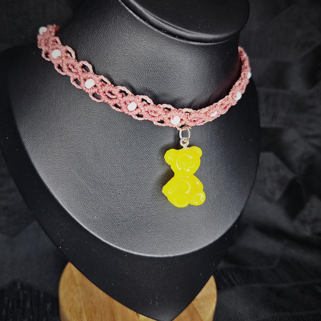 Yellow Teddy Bear Choker, Baby Pink Macramé Choker, Barbie Choker ...