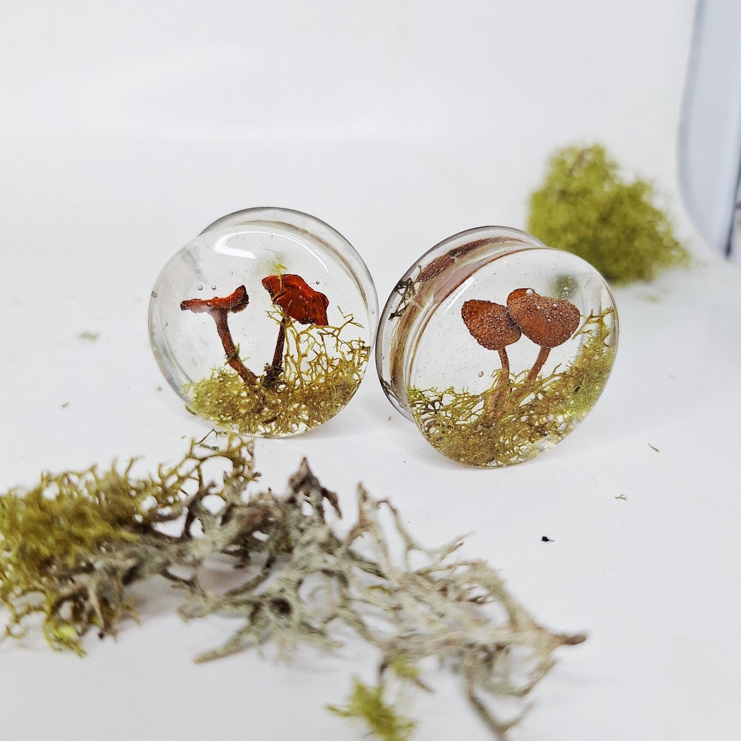 Mushroom and Moss Plugs, Resin Plug, Earrings, Stretch, Mushroom Gauge ...