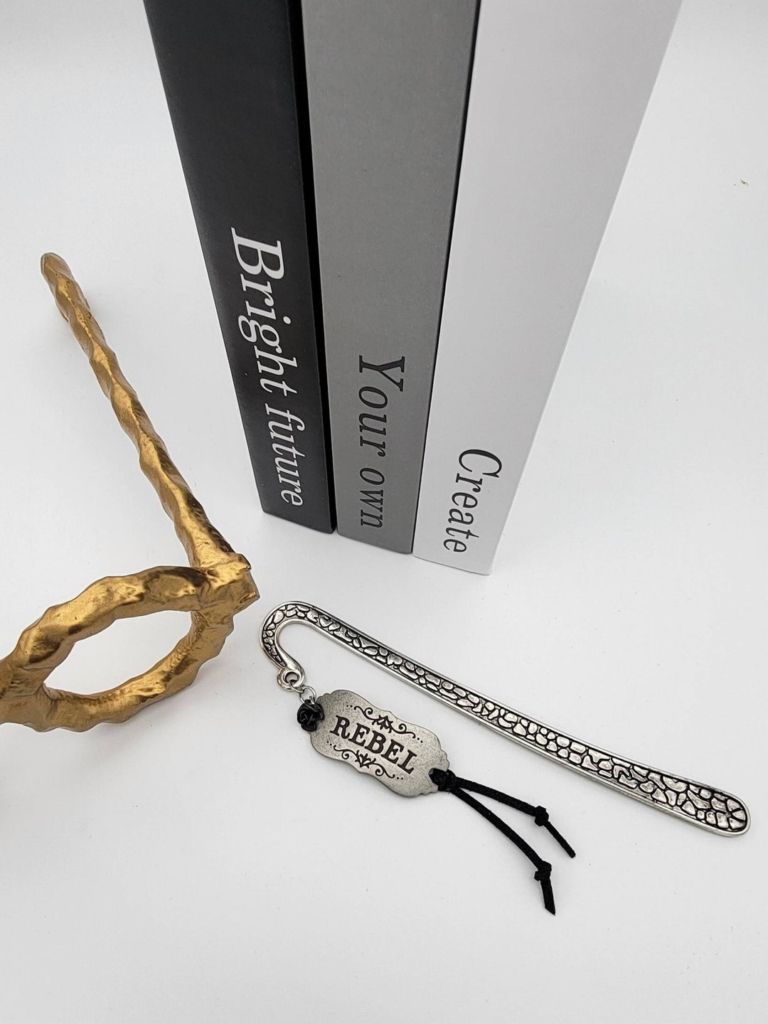 Shepherd's Hook Bookmark With Rebel Metal Tag, Black Dangle Rose, and ...