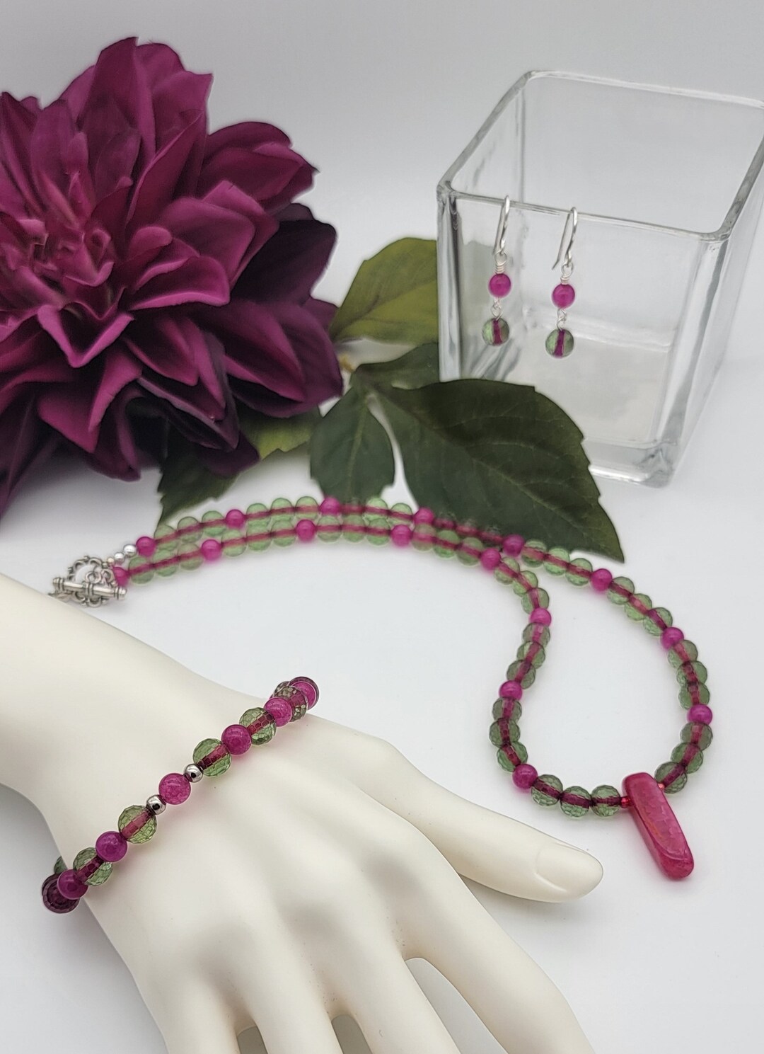 Rose Quartzite Stone Pendant Necklace, Matching Bracelet & Drop ...