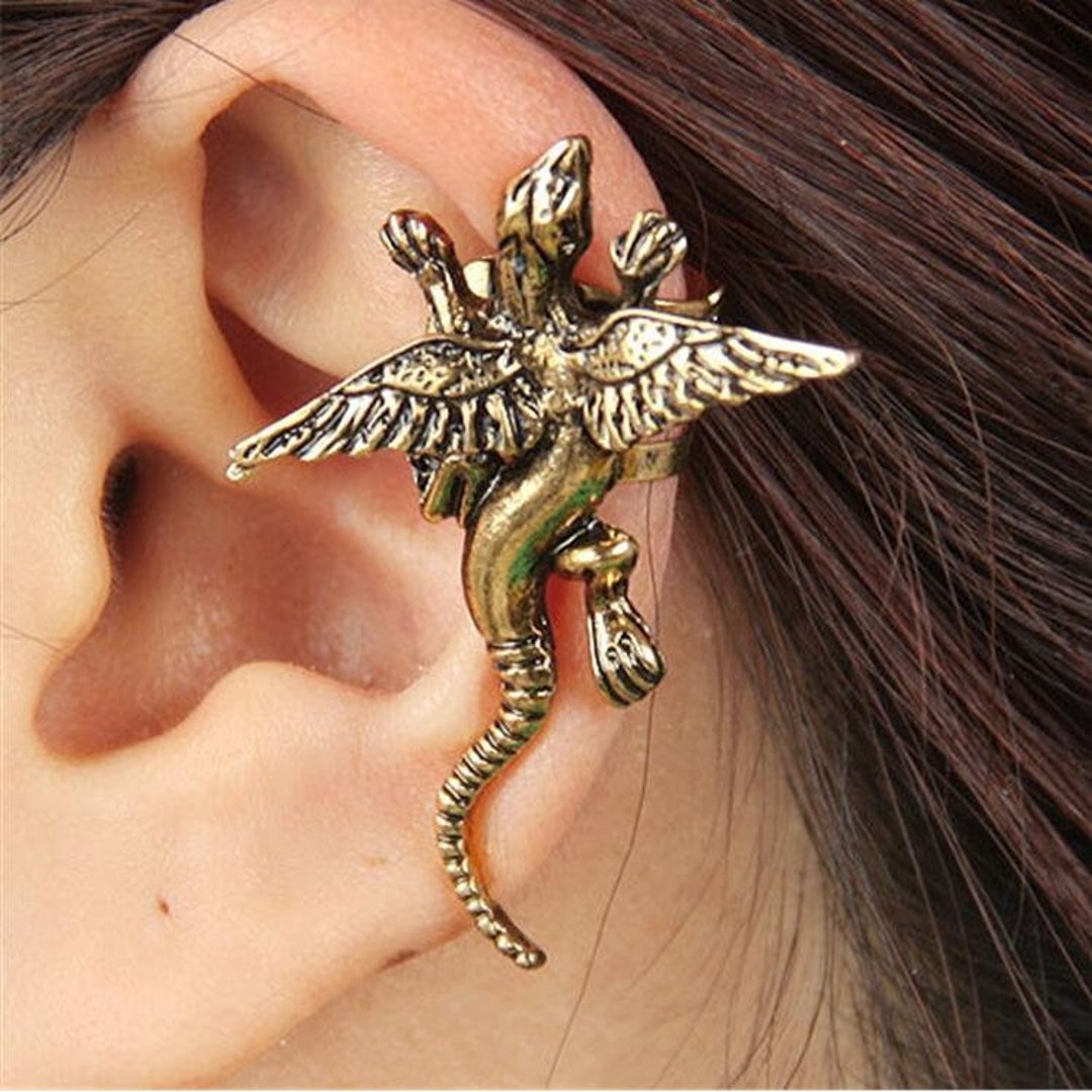 Dragon Ear Cuff | Antique Gold & Silver-toned Clip-on Dragon Earring ...