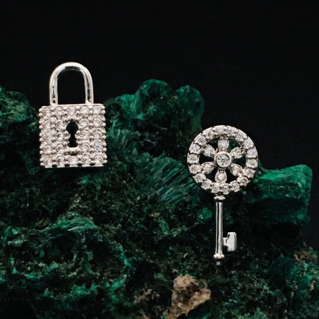 Asymmetric Lock and Key Stud Earrings With Sparkling Diamonds | Unique ...