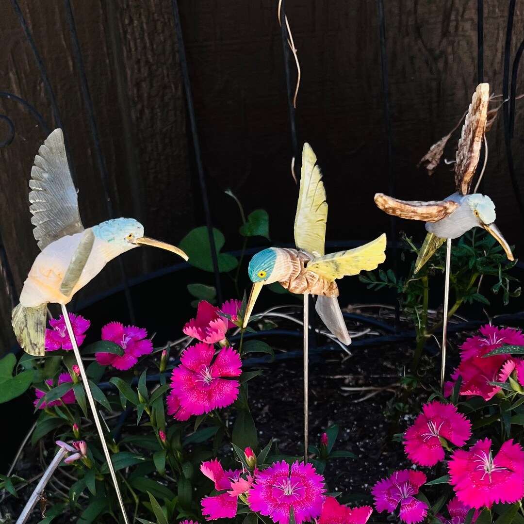 Hand-carved Hummingbird Stone Garden Stick | Natural Gem Stone Bird ...