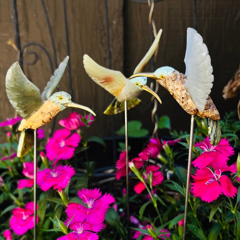 Hand-carved Stone Hummingbird Garden Stake | Precious Mineral Bird ...