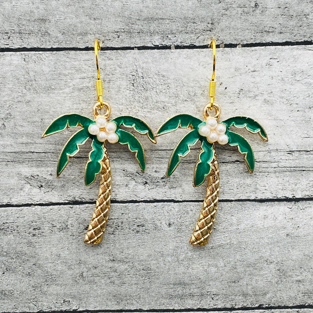 Gold Palm Tree Pearl Earrings Summer Beach Vacation Dangle Earrings With Pearl Coconuts Hippie ...