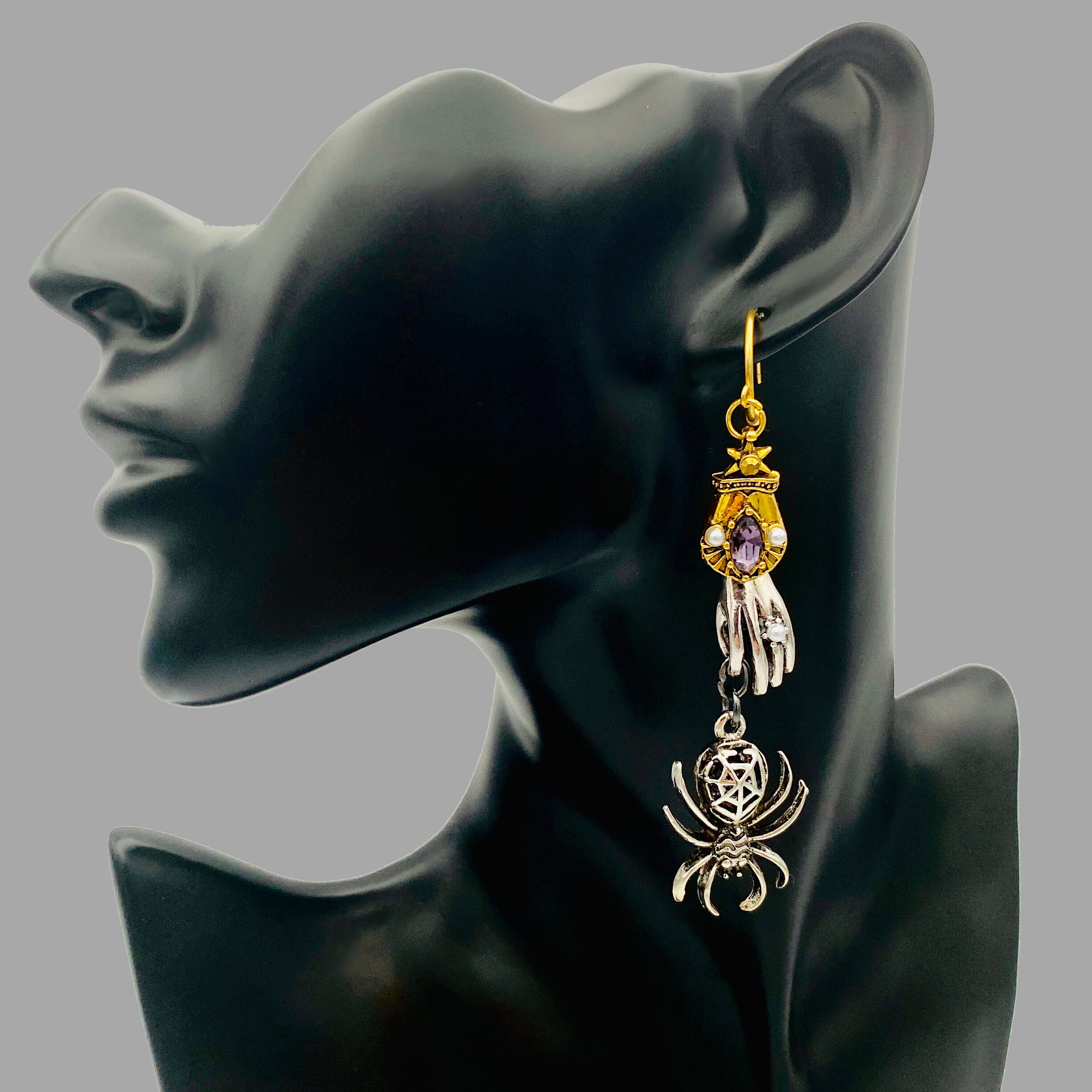 Gold-toned Gothic Hand Spooky Spider Dangle Earrings |natural Purple ...