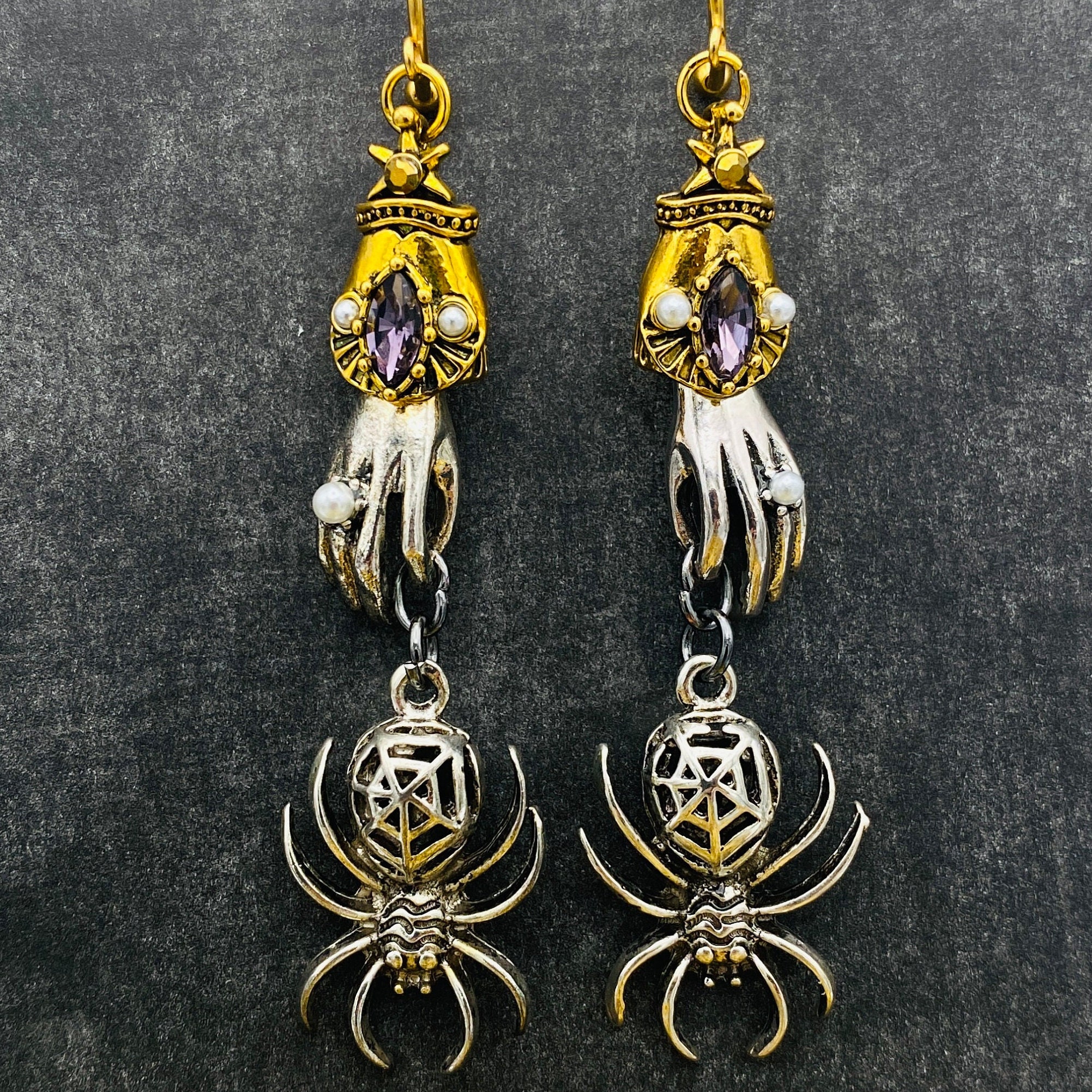 Gold-toned Gothic Hand Spooky Spider Dangle Earrings |natural Purple ...