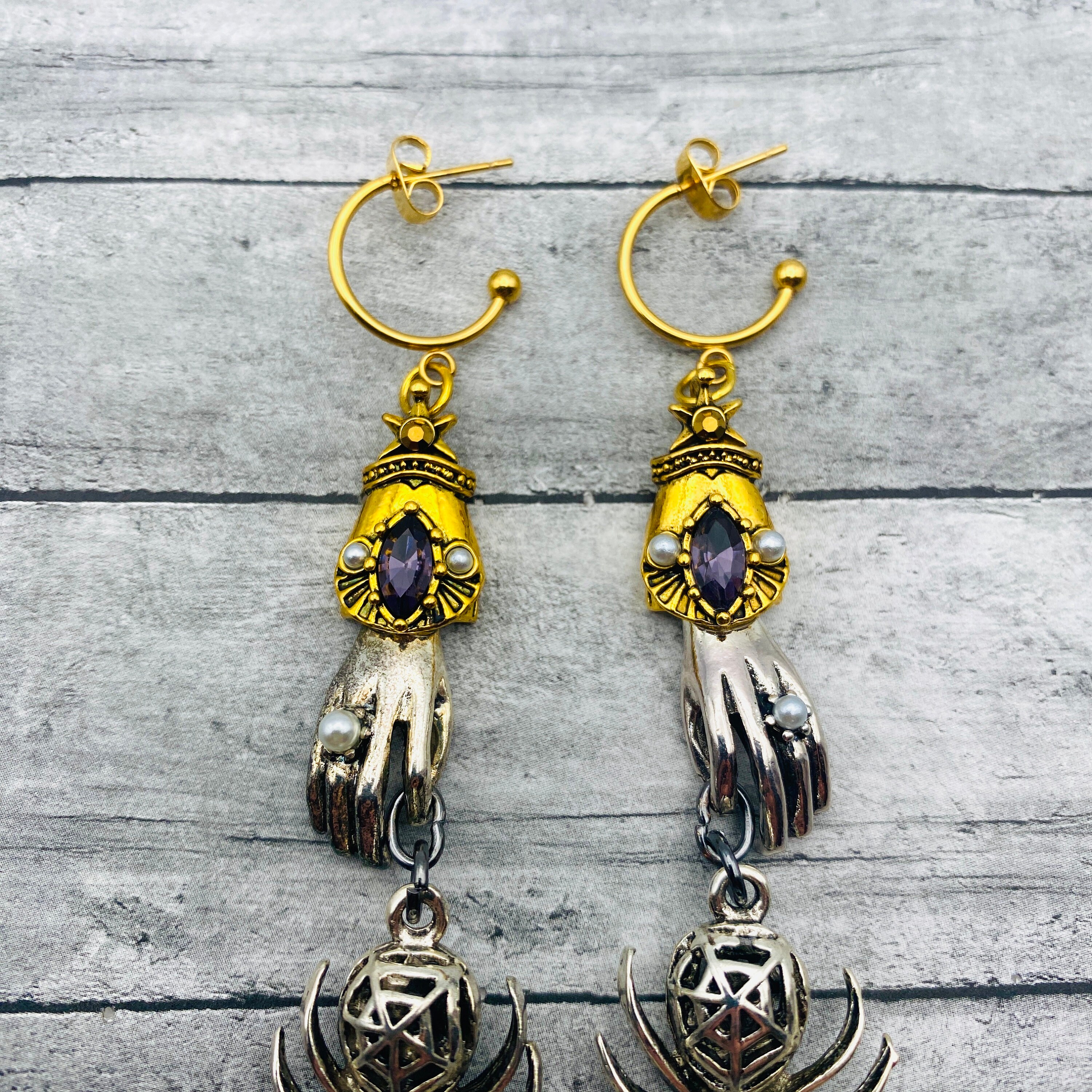 Gold-toned Gothic Hand Spooky Spider Dangle Earrings |natural Purple ...