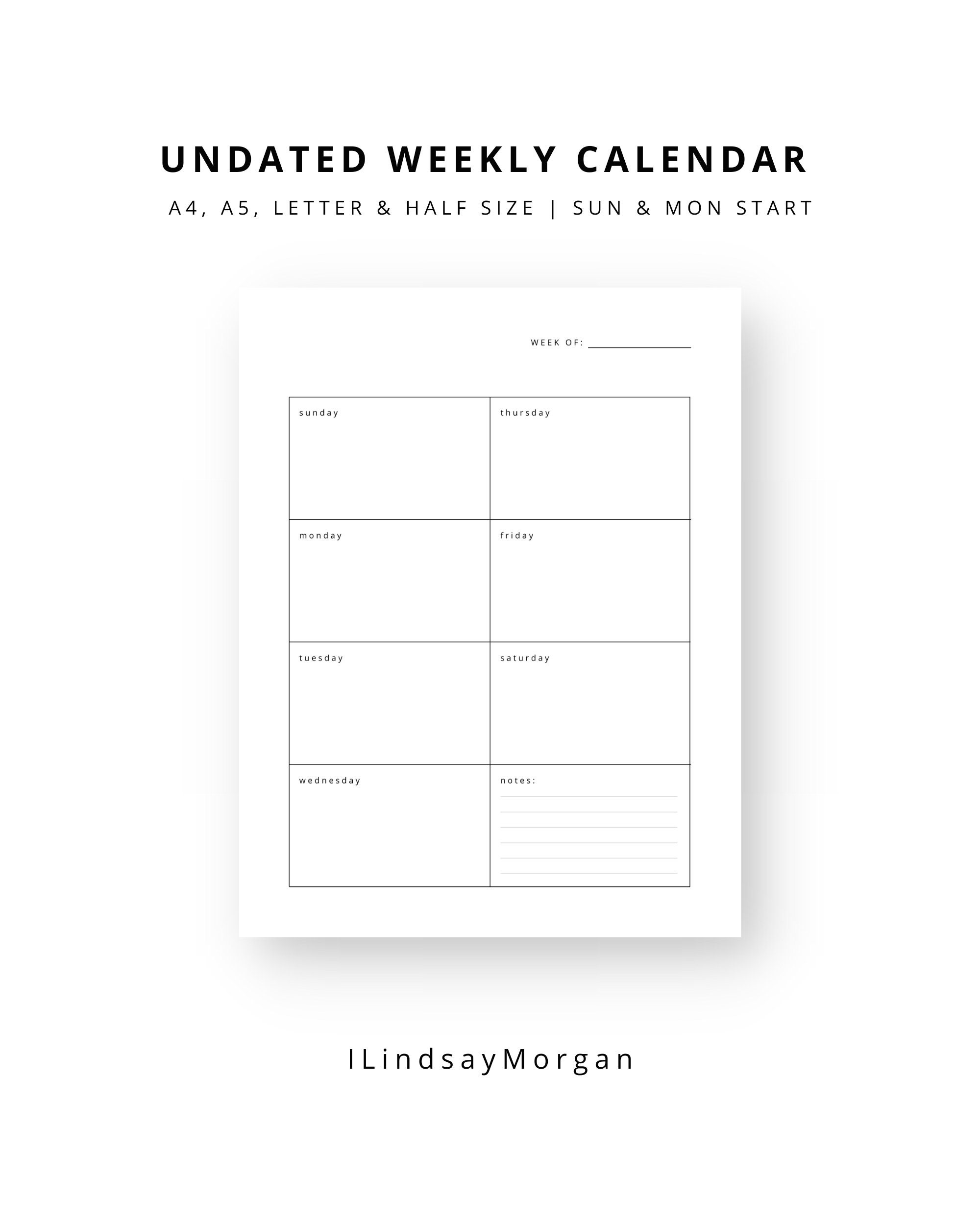 Undated Weekly Calendar | A4, A5, US Letter, & Half Size | Sunday and ...