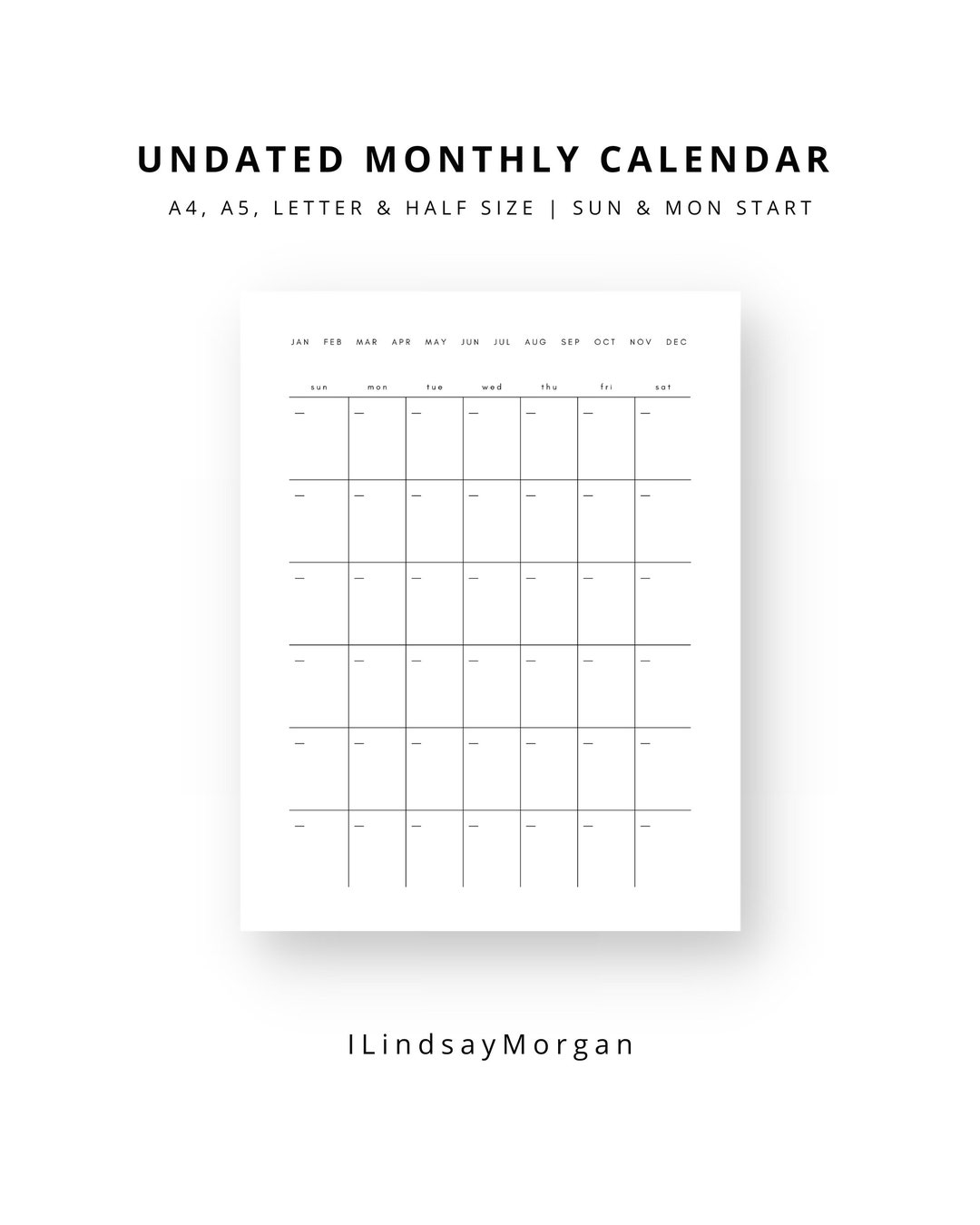 Undated Monthly Calendar | A4, A5, US Letter, & Half Size | Sunday and ...