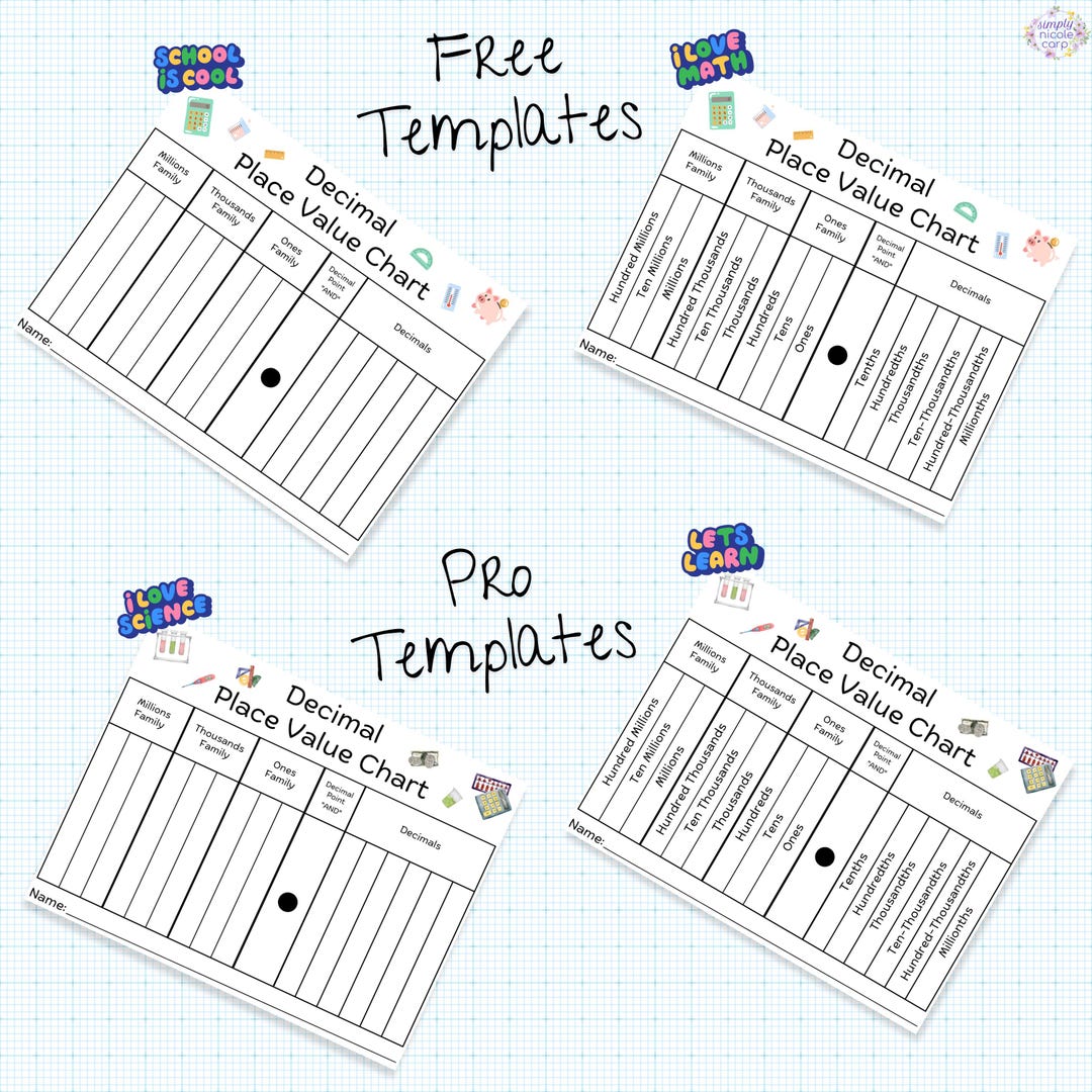 Decimal Place Value Charts, Blank and Complete, 11”x 8.5”, Free & Pro ...