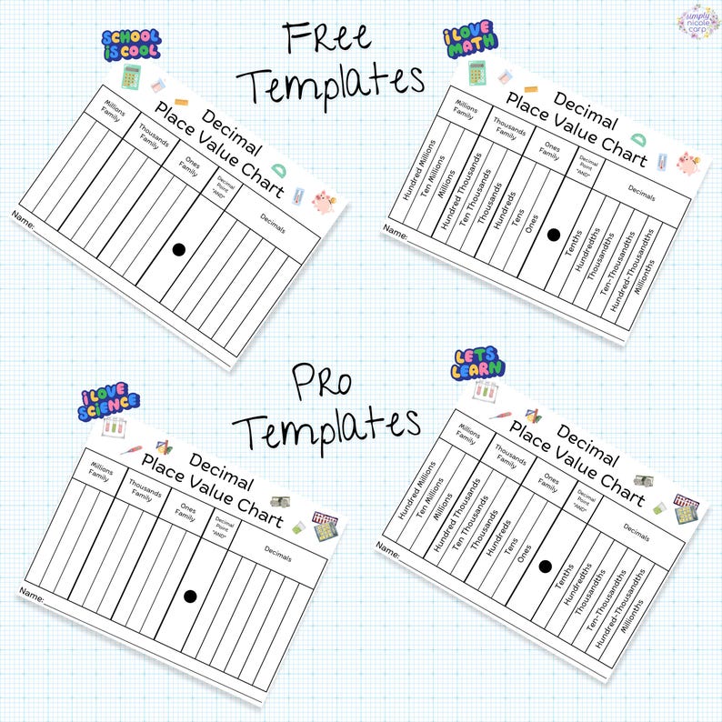 Decimal Place Value Charts, Blank and Complete, 11”x 8.5”, Free & Pro ...