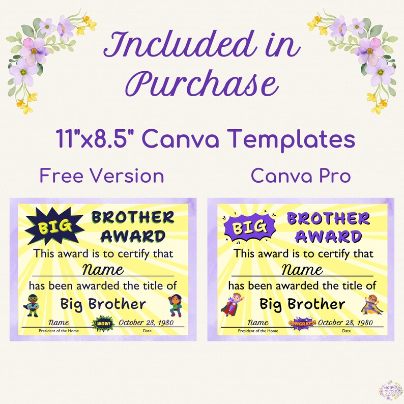 Big Brother Award, 11”x8.5”, Free & Pro Canva Templates - Etsy