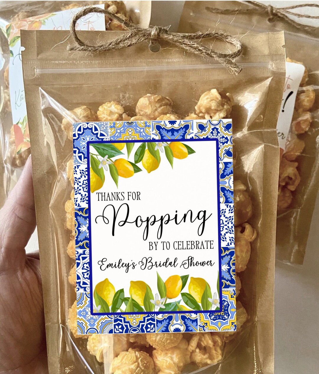 Blue Tile Lemon Citrus Bridal Shower Favors Custom Popcorn Treat Bags ...