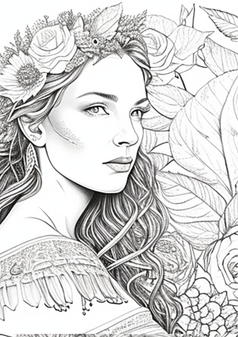 10 Printable Coloring Book for Adults L Woman and Flowers / Empowerment ...