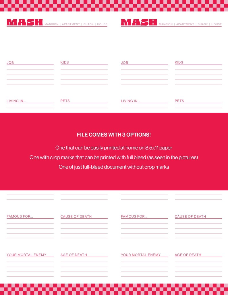 MASH Party Game - Downloadable File - Etsy