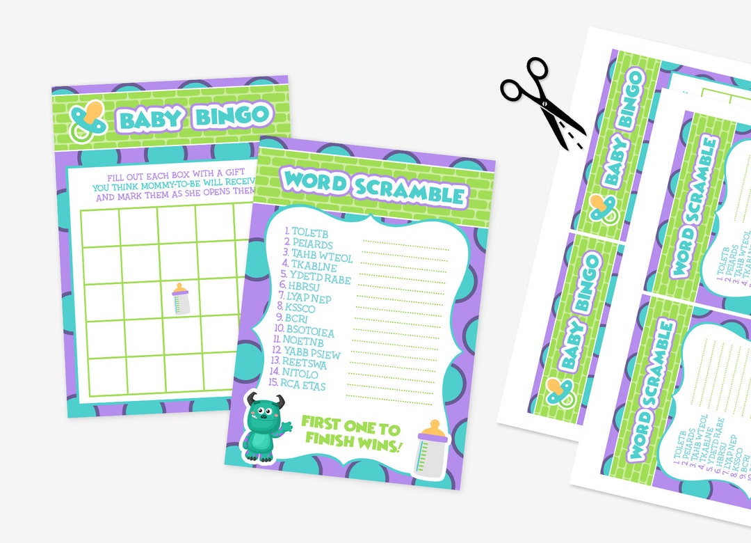 Monsters Inc. Baby Shower Games: Bingo & Word Scramble (digital ...