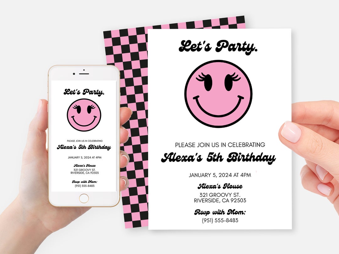 Smiley Face Invite, Birthday Invitation for Girl, Smiley Face ...