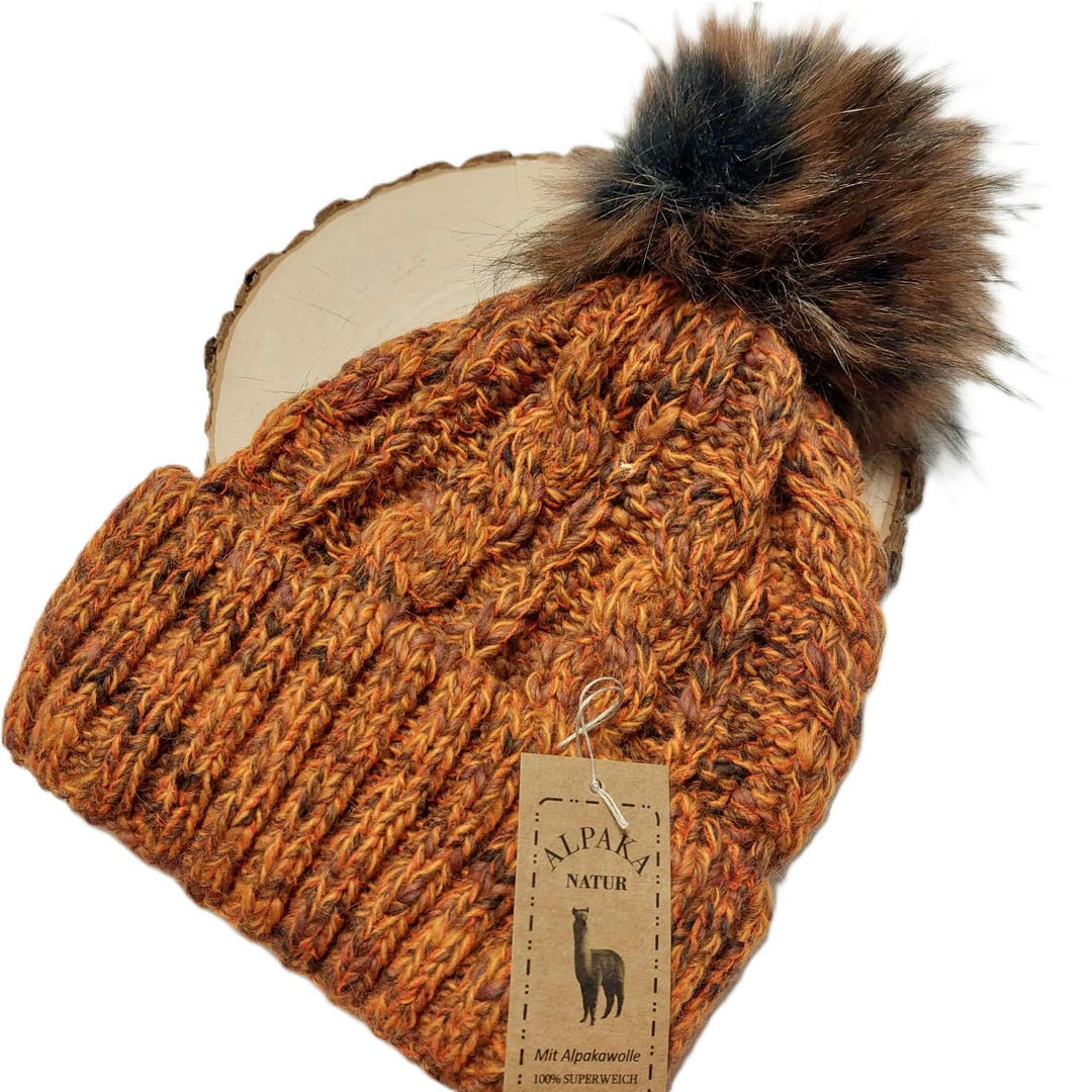 Orange Alpaca Hat Merino Wool Blend Cap Faux Fur Pompom Knit Warm ...