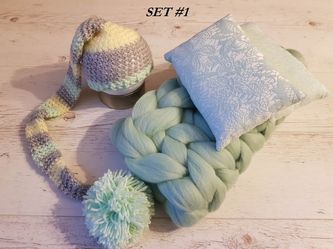 Newborn Spring SET Long Tail Pompom Hat Chunky Merino Wool Bump Blanket ...