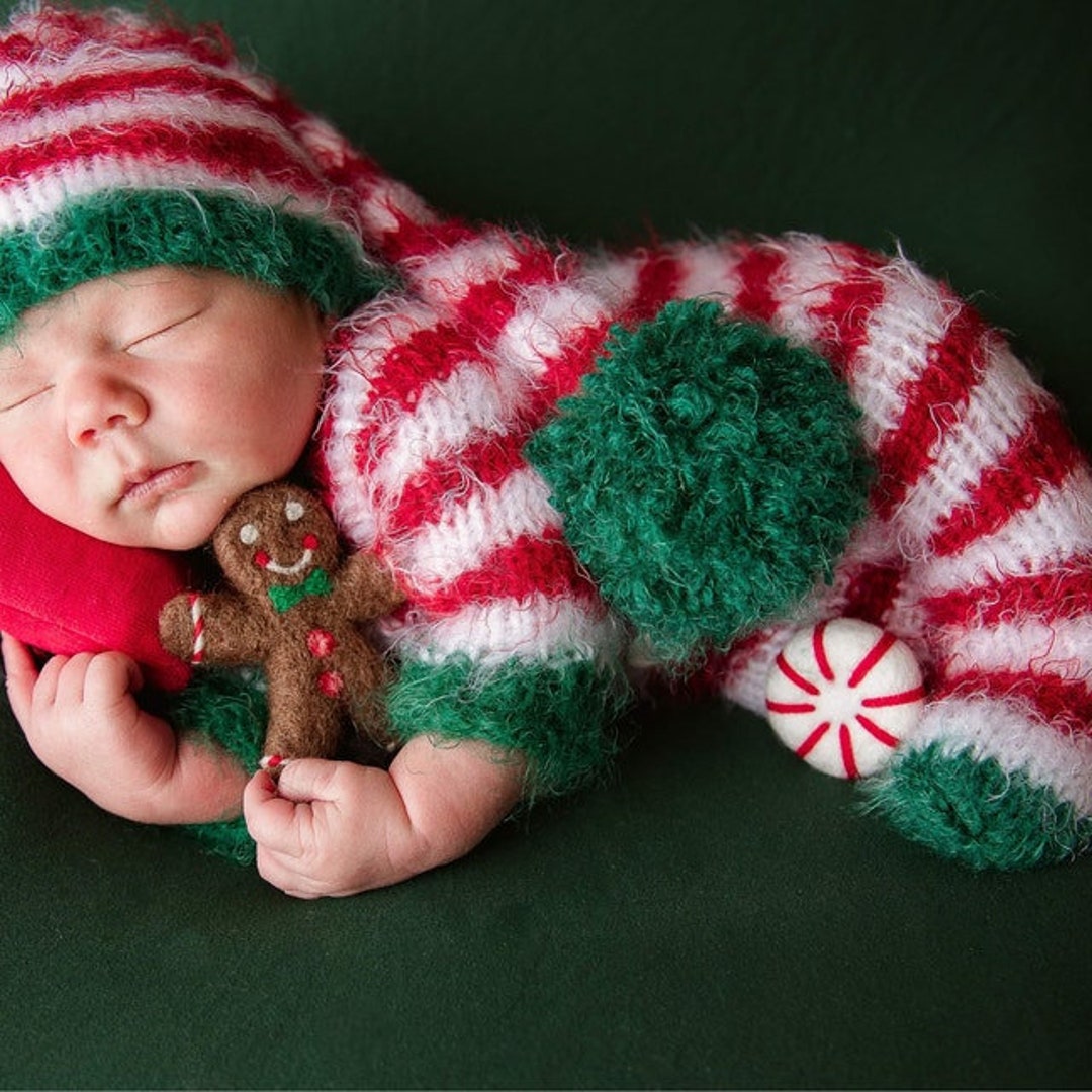 Newborn Elf Gnome Costume Knit Crochet Striped Outfit Suit Jumpsuit ...