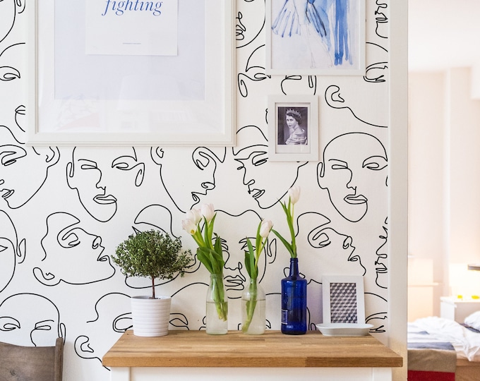 Minimalist Face Line Art Mural Wallpaper, Black, Wall Mural - Etsy Canada