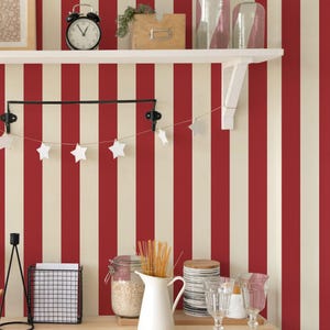 Vintage Red Cream Stripes Kitchen Wallpaper | Bold Vertical Stripe ...