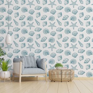 Blue Seashell Peel and Stick Wallpaper / Sea Life Removable Wallpaper ...