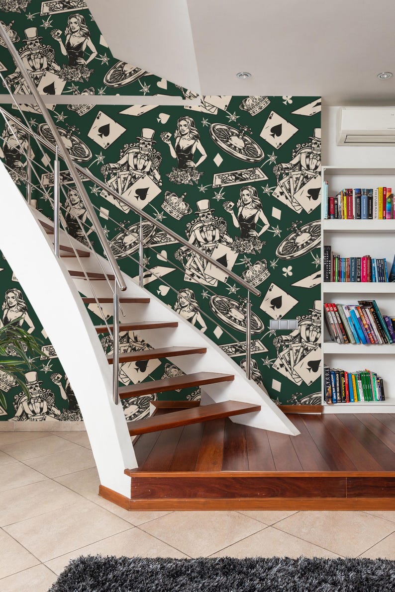 Green Casino Icons Wallpaper Mural: Vintage Line Art Gambling Glamour ...