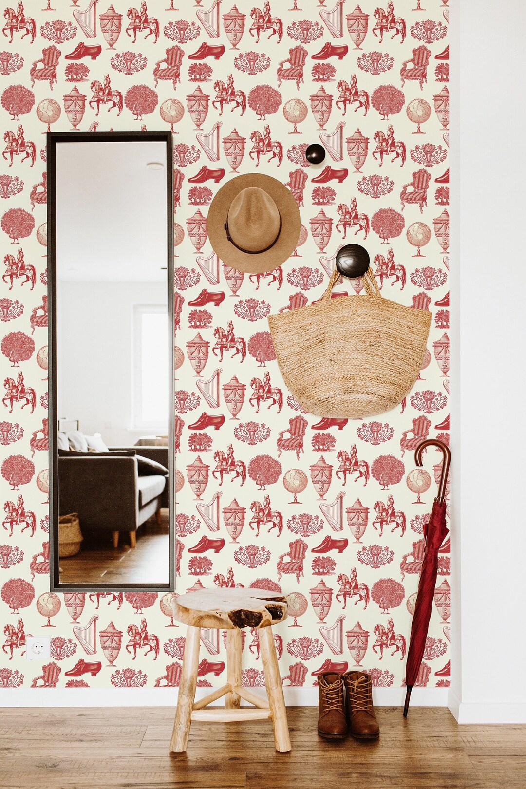 Red Cream Vintage Wallpaper - Peel and Stick Wallpaper or Non Pasted ...