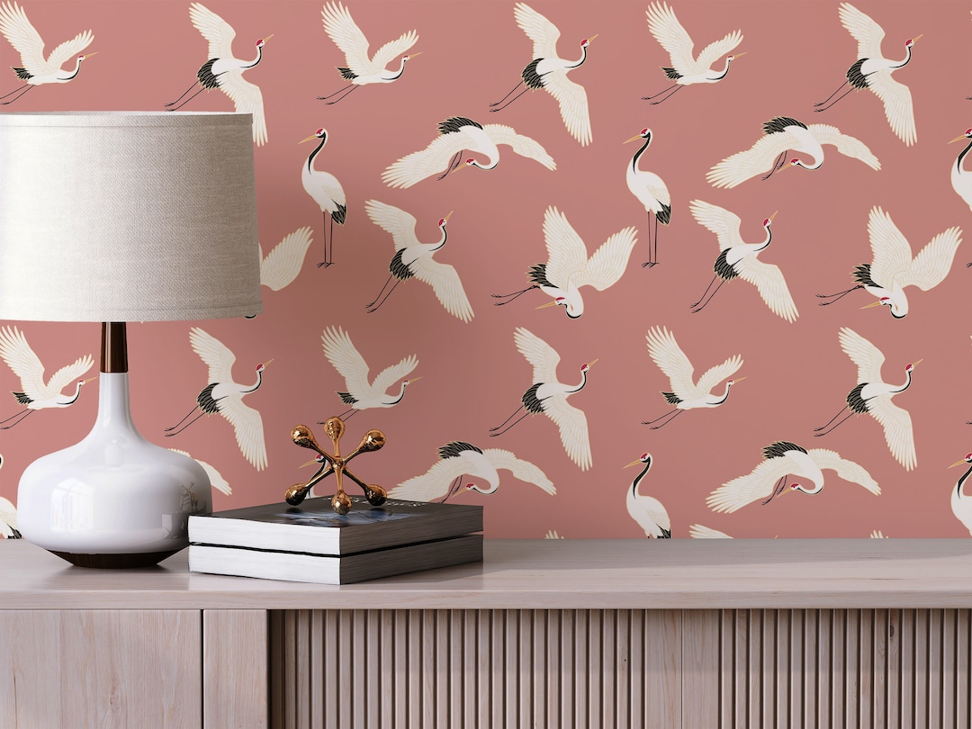 Pink Cranes Peel and Stick Wallpaper / Bird Removable Wallpaper / Pink ...