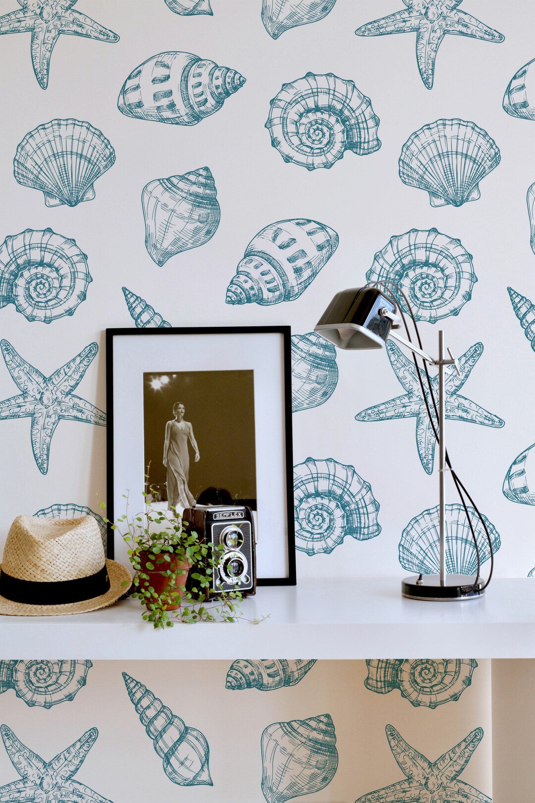 Blue Seashell Peel and Stick Wallpaper / Sea Life Removable Wallpaper ...