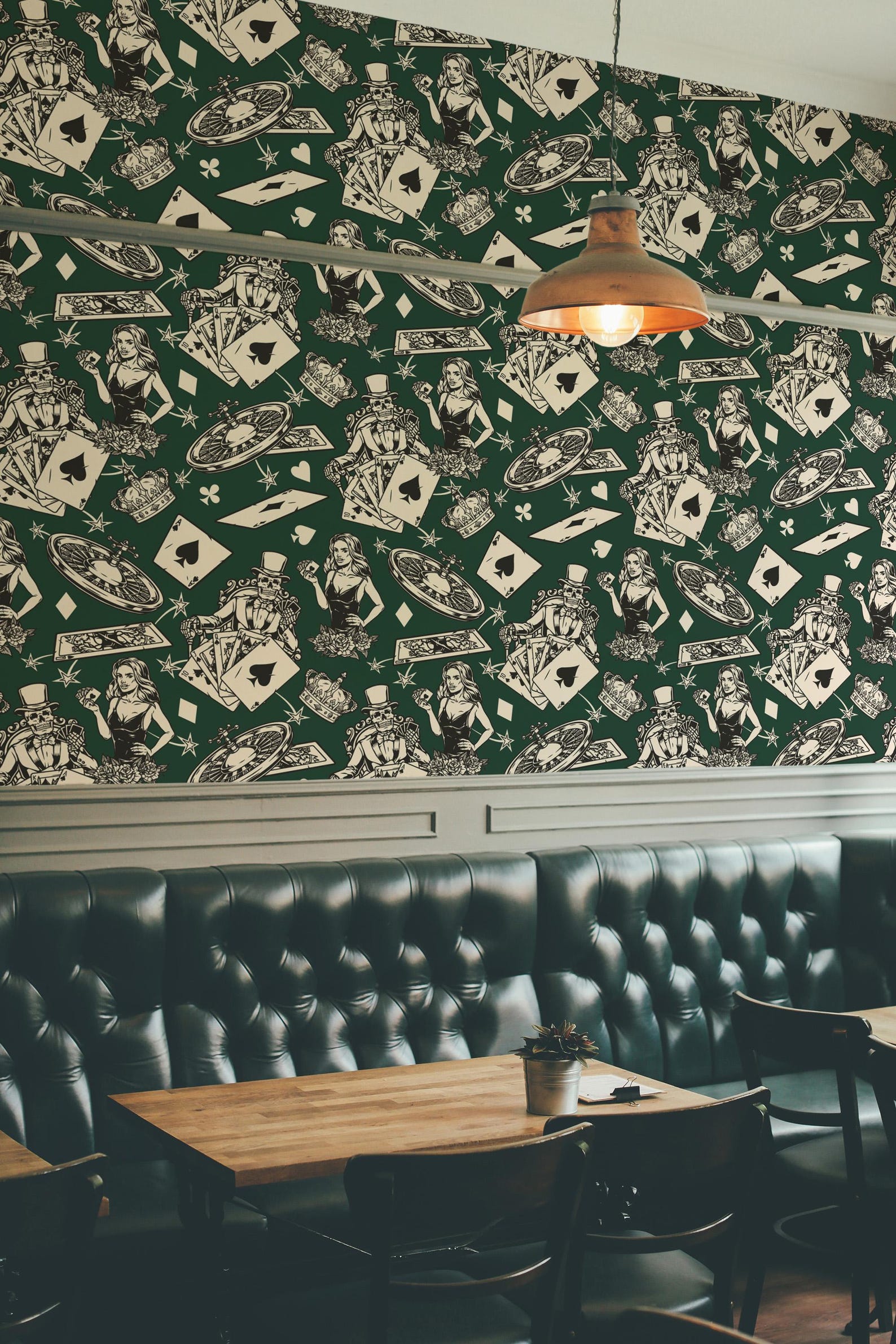 Green Casino Icons Wallpaper Mural: Vintage Line Art Gambling Glamour ...