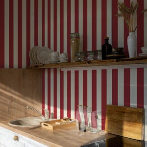 Vintage Red Cream Stripes Kitchen Wallpaper | Bold Vertical Stripe ...