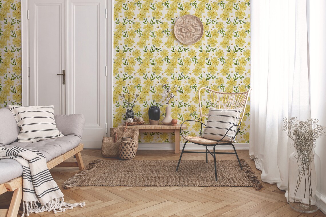 Yellow Floral Peel and Stick Wallpaper / Seamless Removable | Etsy