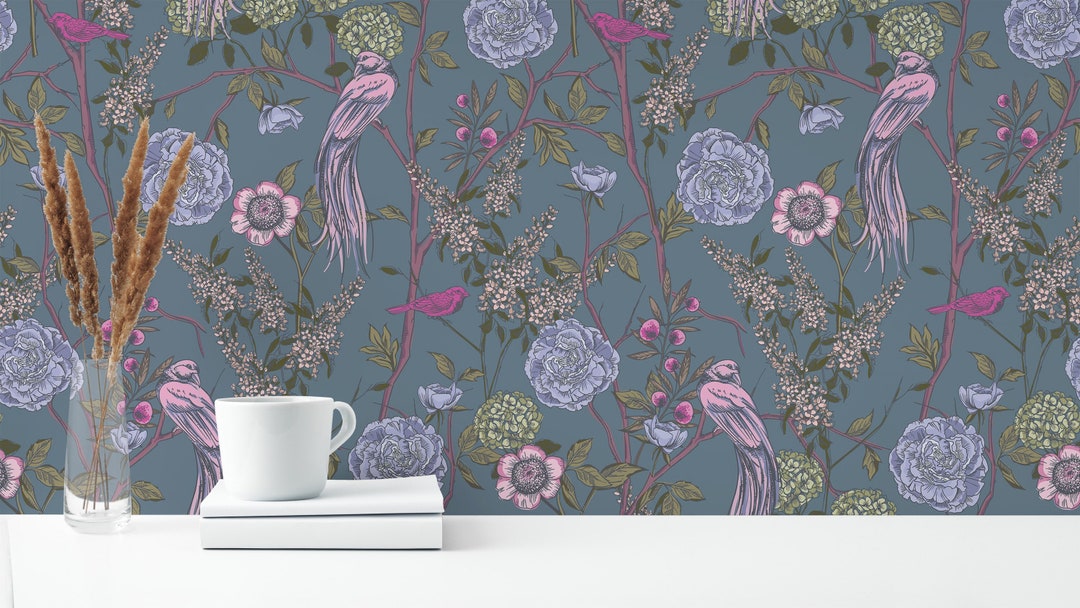 Dusty Blue Peonies Wallpaper - Peel and Stick Wallpaper or Non Pasted ...