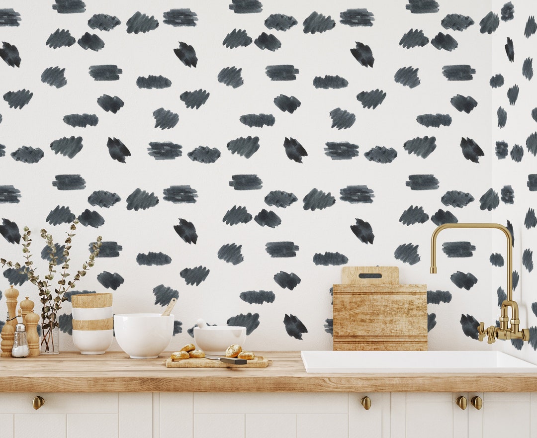 Black and White Brush Stroke Dots Removable Wallpaper / Watercolor Peel ...