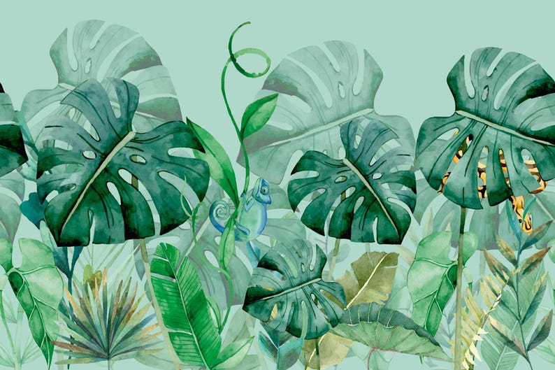 Green Tropical Leaves Wallpaper Mural: Watercolor Jungle Escape With ...