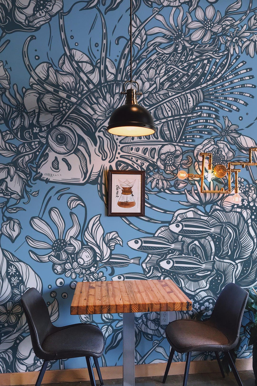 Blue and White Fish Wallpaper Mural: Ornate Underwater Botanical Line ...