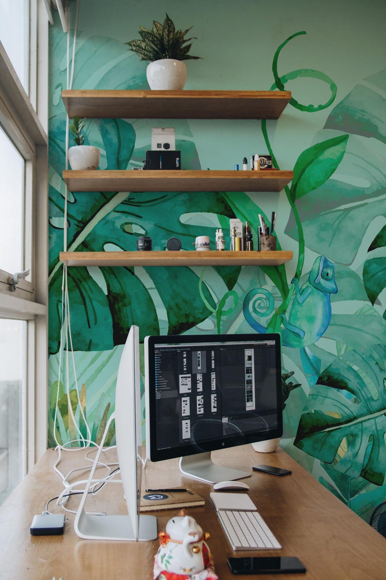 Green Tropical Leaves Wallpaper Mural: Watercolor Jungle Escape With ...