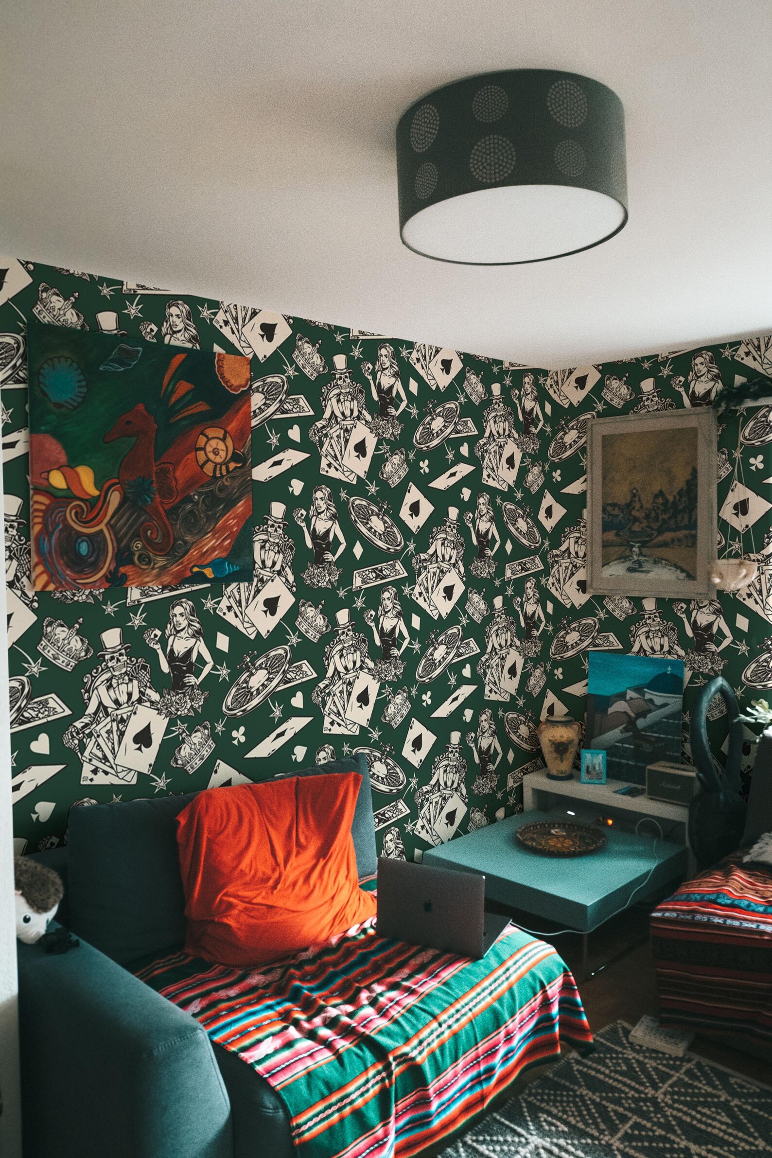 Green Casino Icons Wallpaper Mural: Vintage Line Art Gambling Glamour ...