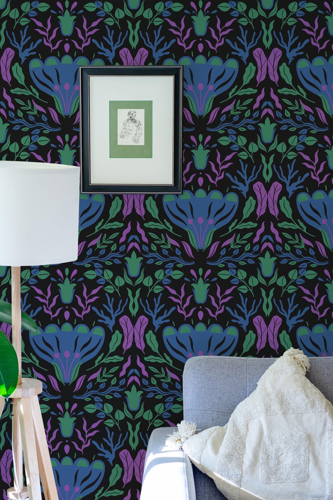 Dark Blue Botanical Wallpaper | Bold Floral Pattern Peel and Stick ...