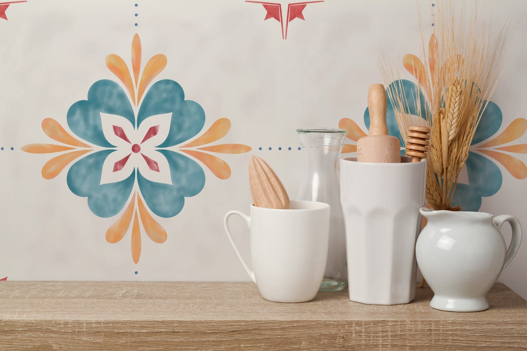Large Ornamental Tile Peel and Stick Wallpaper / Watercolor Tile ...