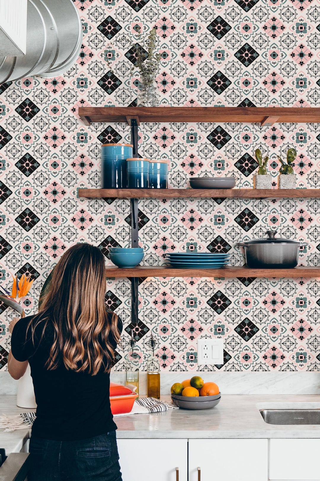 Colorful Moroccan Tile Wallpaper: Blush and Black Ornate Geometric ...